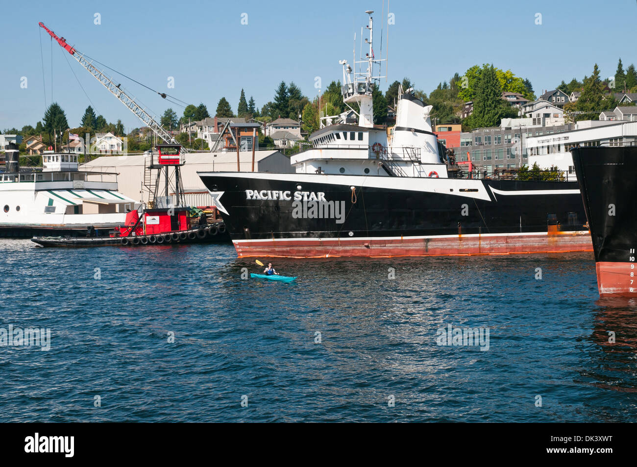 Cargo ships near the shore of the Union Lake, Seattle, state of ...