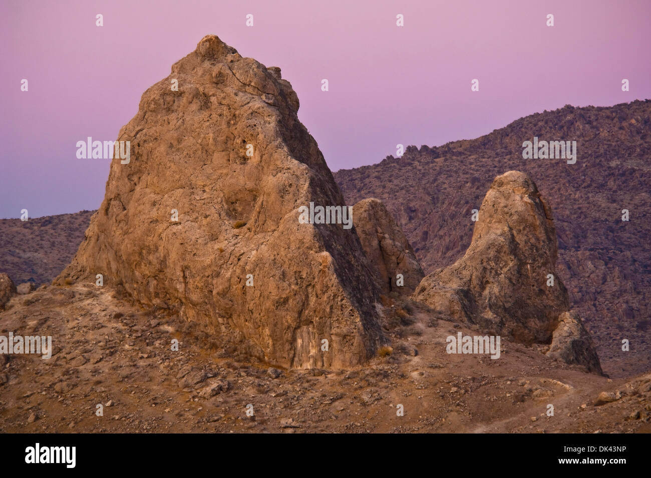Dawn light over Tufa rock formations at the Trona Pinnacles, California ...