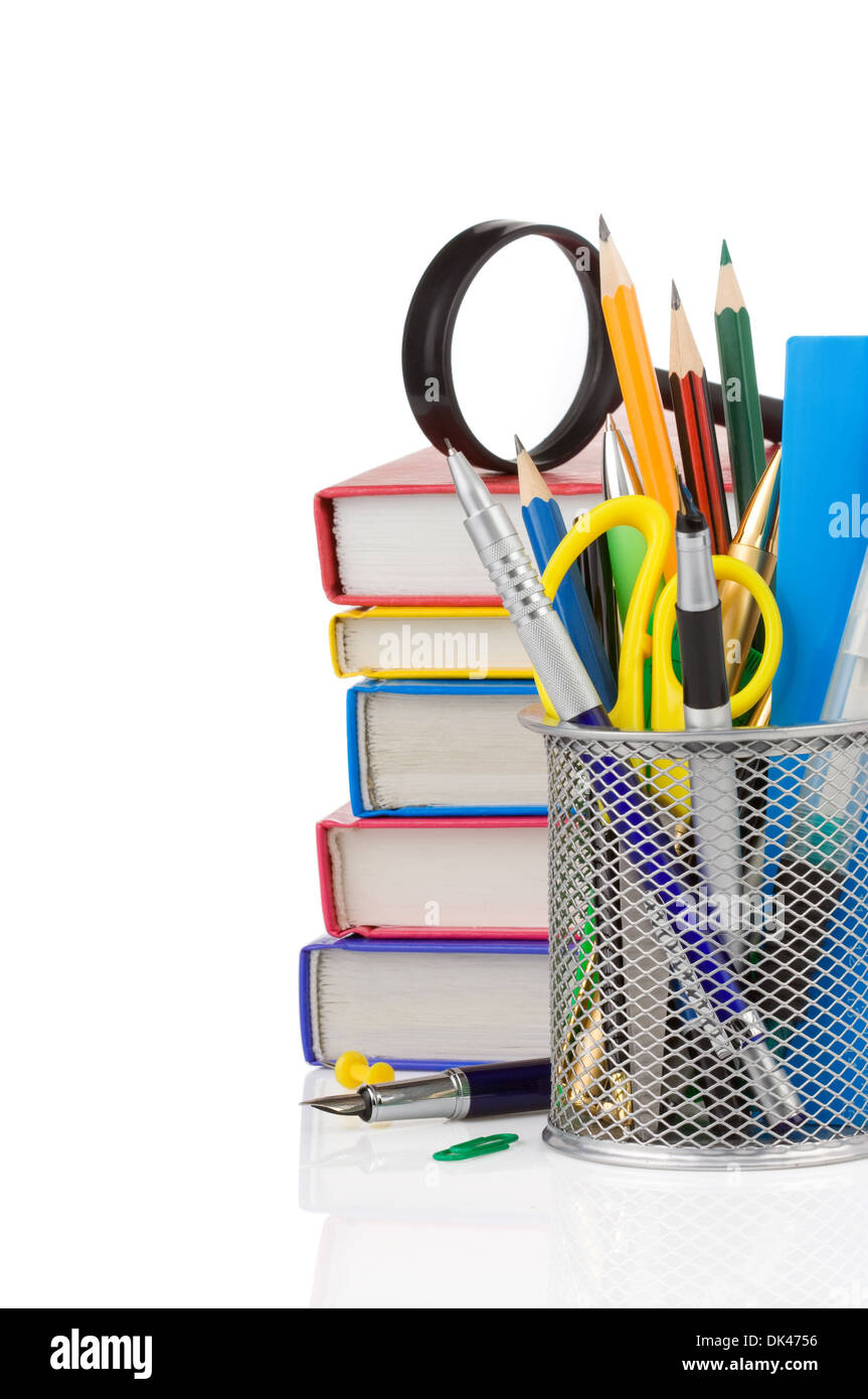 holder basket and office supplies isolated on white background Stock ...