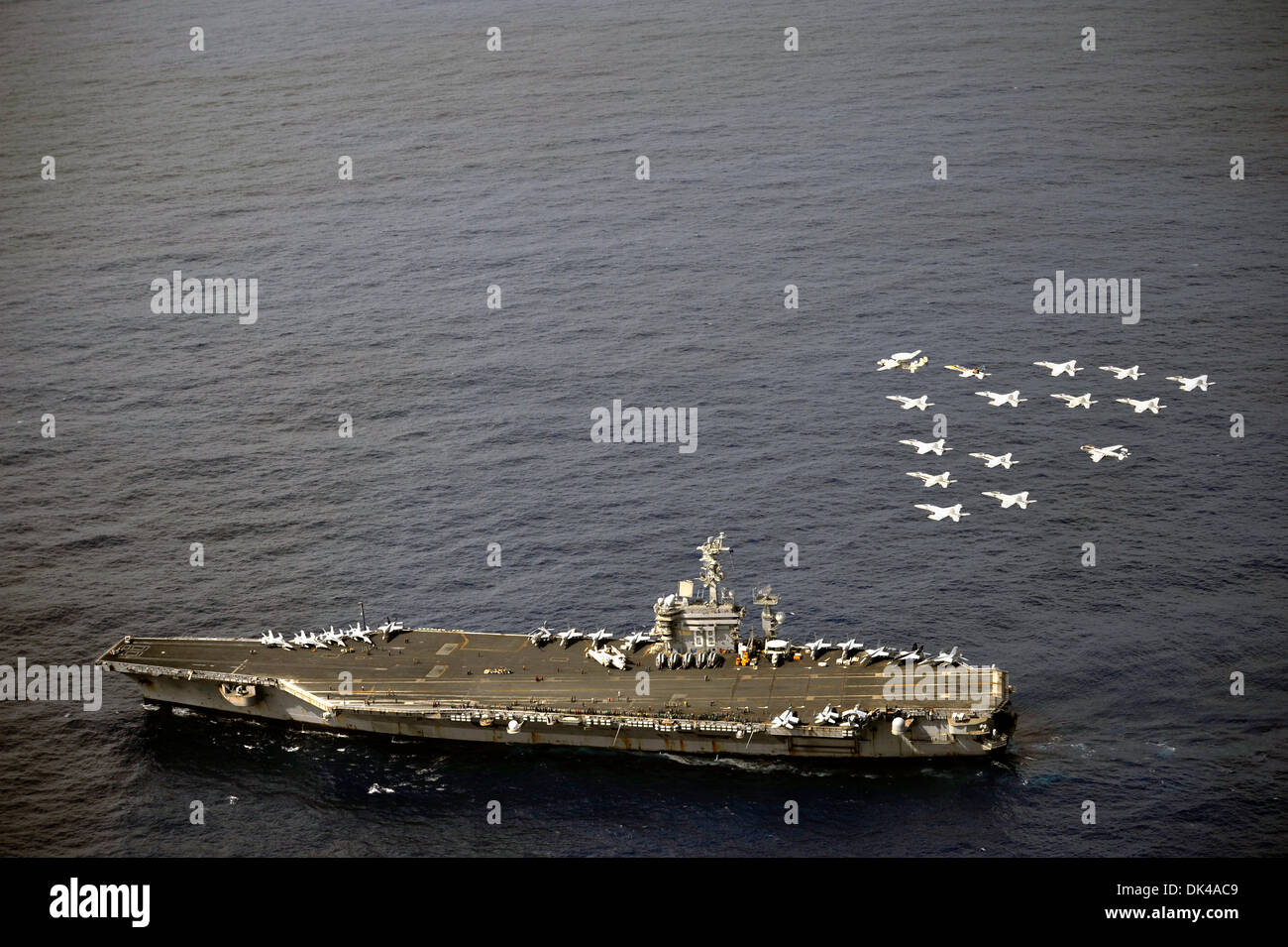 US Navy aircraft perform a fly-by performance for the crew of the ...