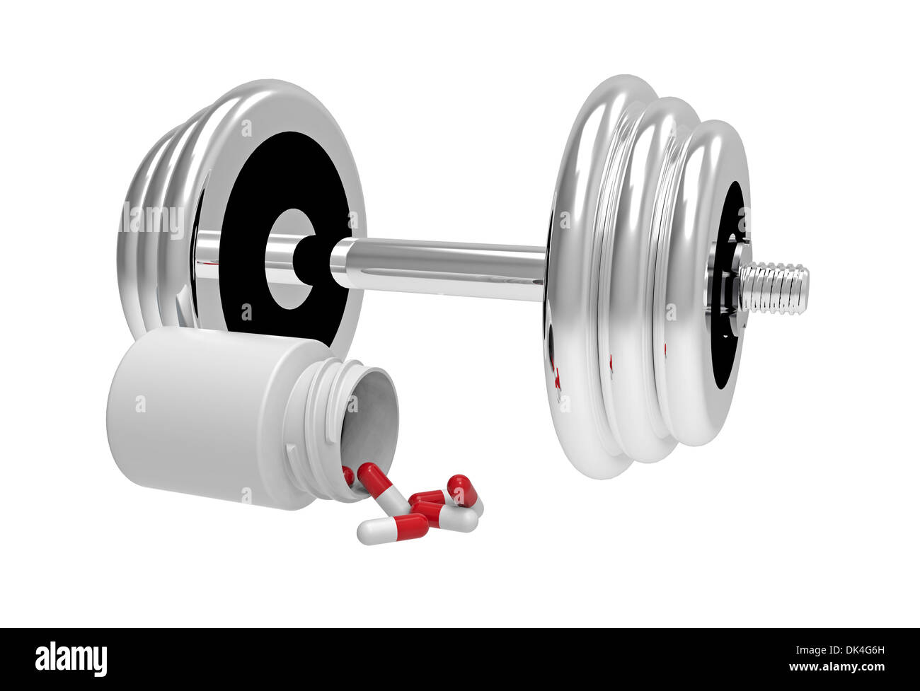 Dumbbells with vial of pills, on white background, 3D render Stock ...