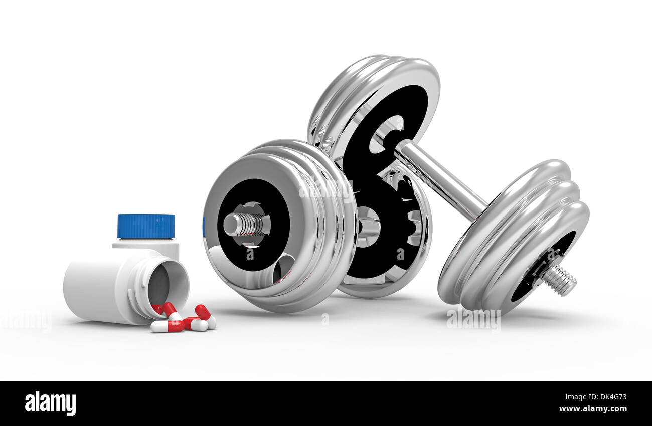 Two dumbbells with vial of pills, on white background, 3D render Stock ...