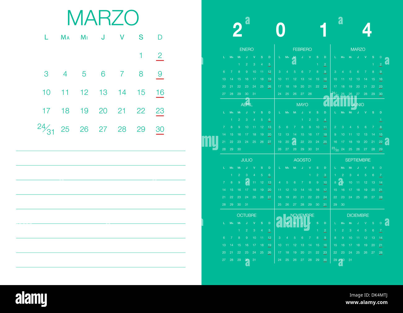 Modern 2014 vector calendar Spanish Stock Photo - Alamy