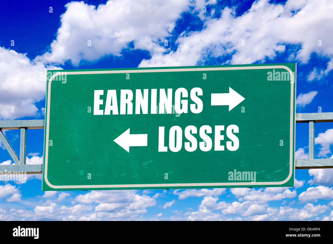 Earnings and losses sign on the green board with clouds in background ...