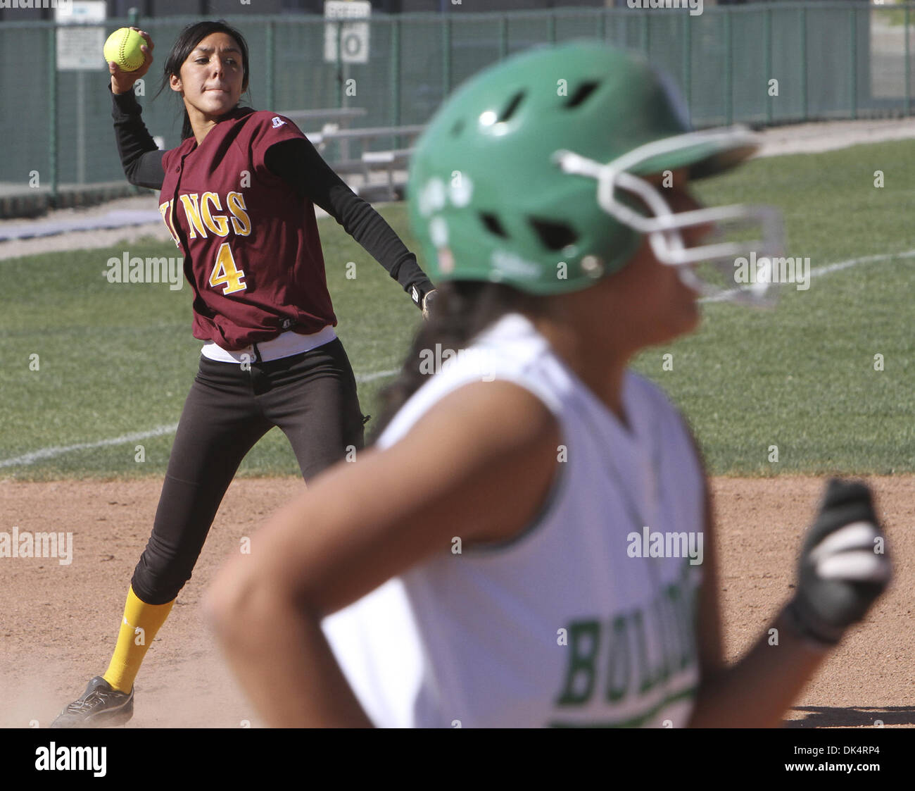 Apr. 12, 2011 - Albuquerque, NM, U.S. - Greg Sorber -- Valley third baseman Crystal Perea throws ...