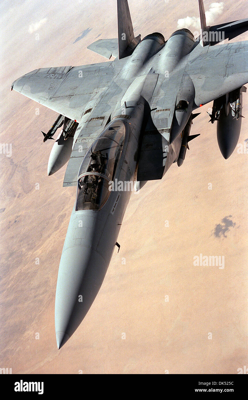 A US Air Force F-15 Eagle aircraft flies a patrol over the desert ...