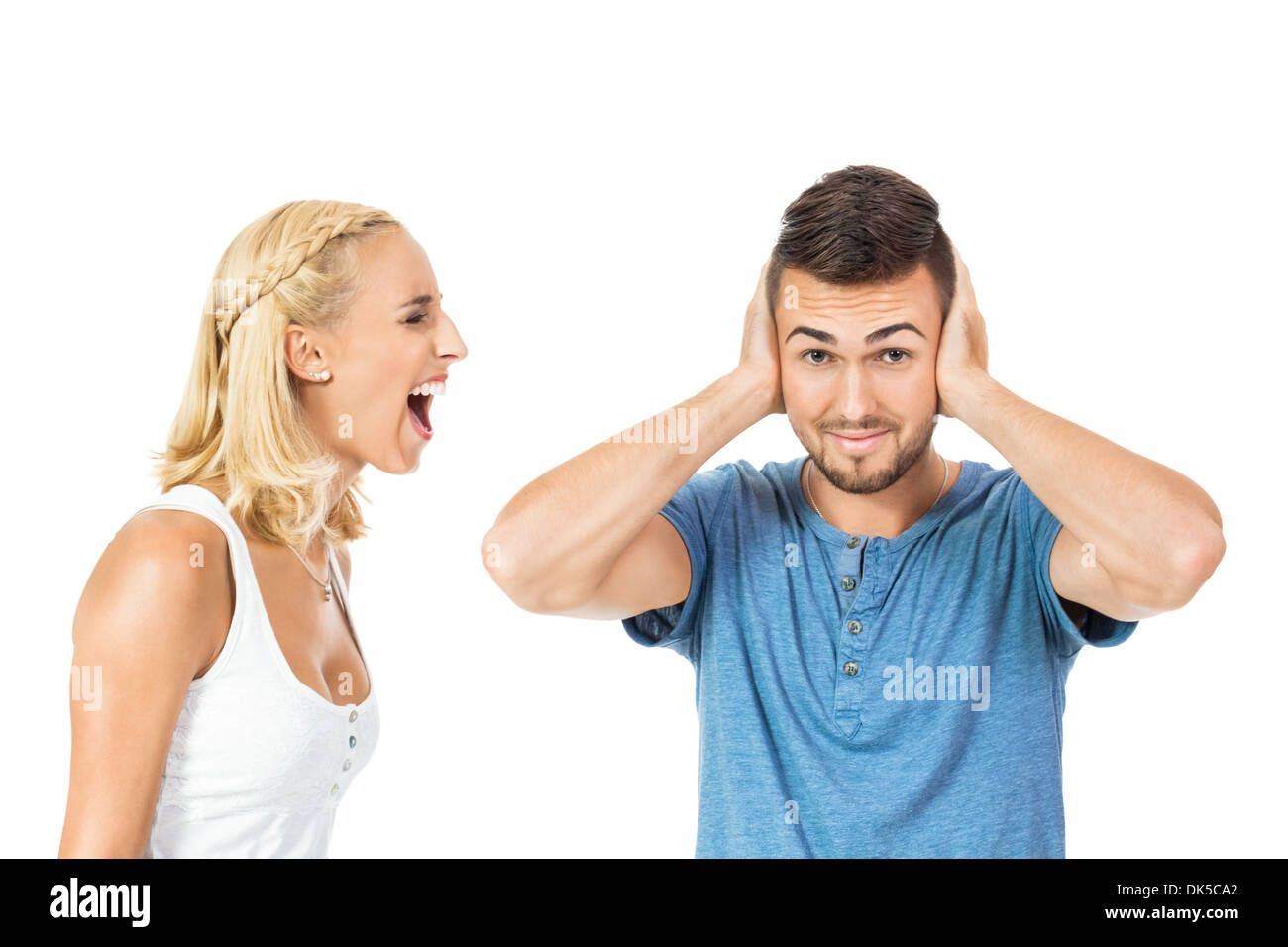 young woman screaming at boyfriend isolated on white Stock Photo - Alamy