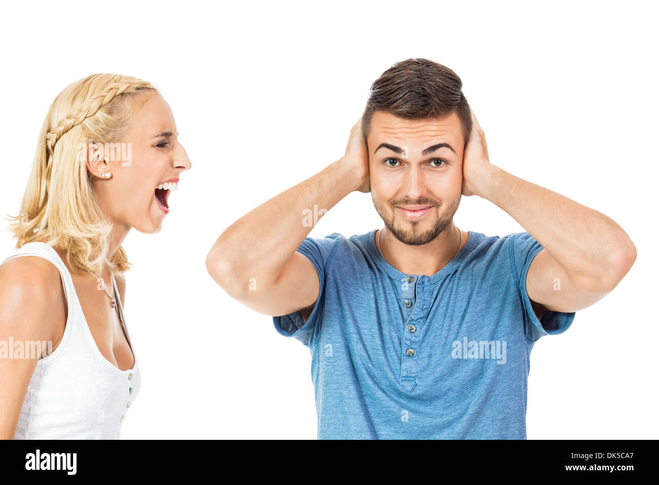 young woman screaming at boyfriend isolated on white Stock Photo - Alamy