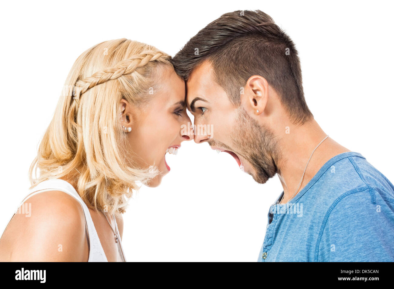 young woman screaming at boyfriend isolated on white Stock Photo - Alamy