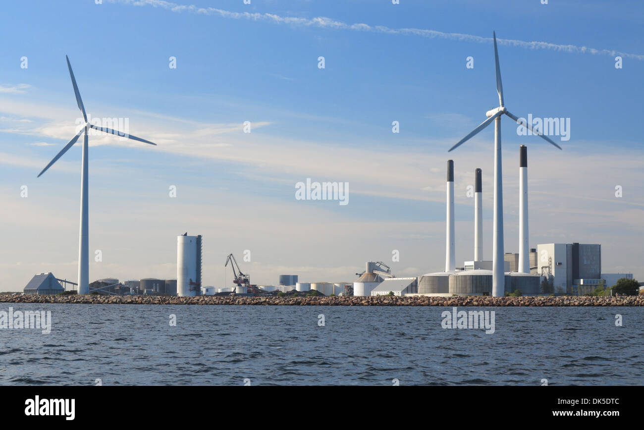 Seascape. Sea and farm of wind turbines. Renewable power and energy ...