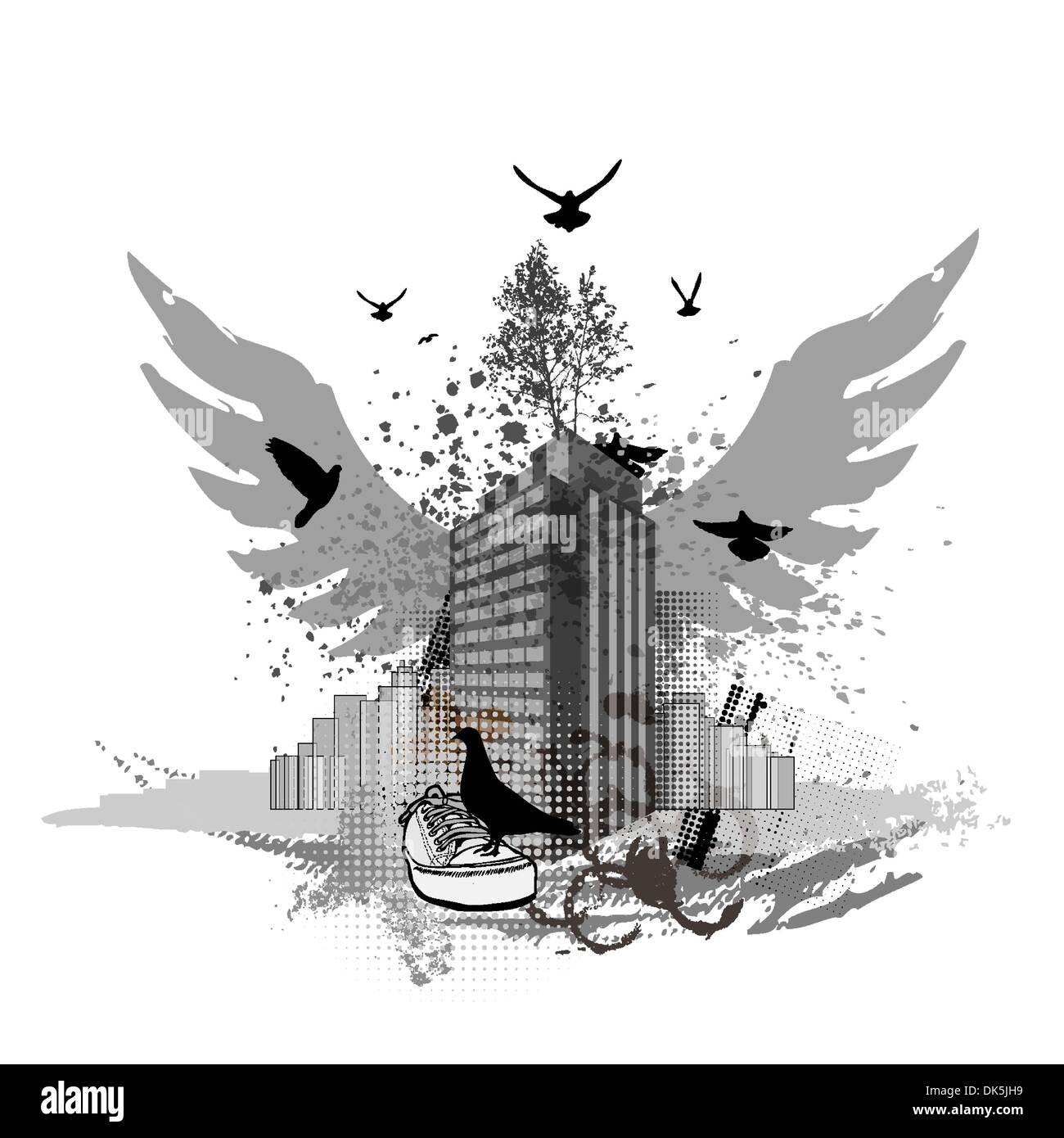Grunge urban background. Cityscapes and flying pigeons Stock Vector ...