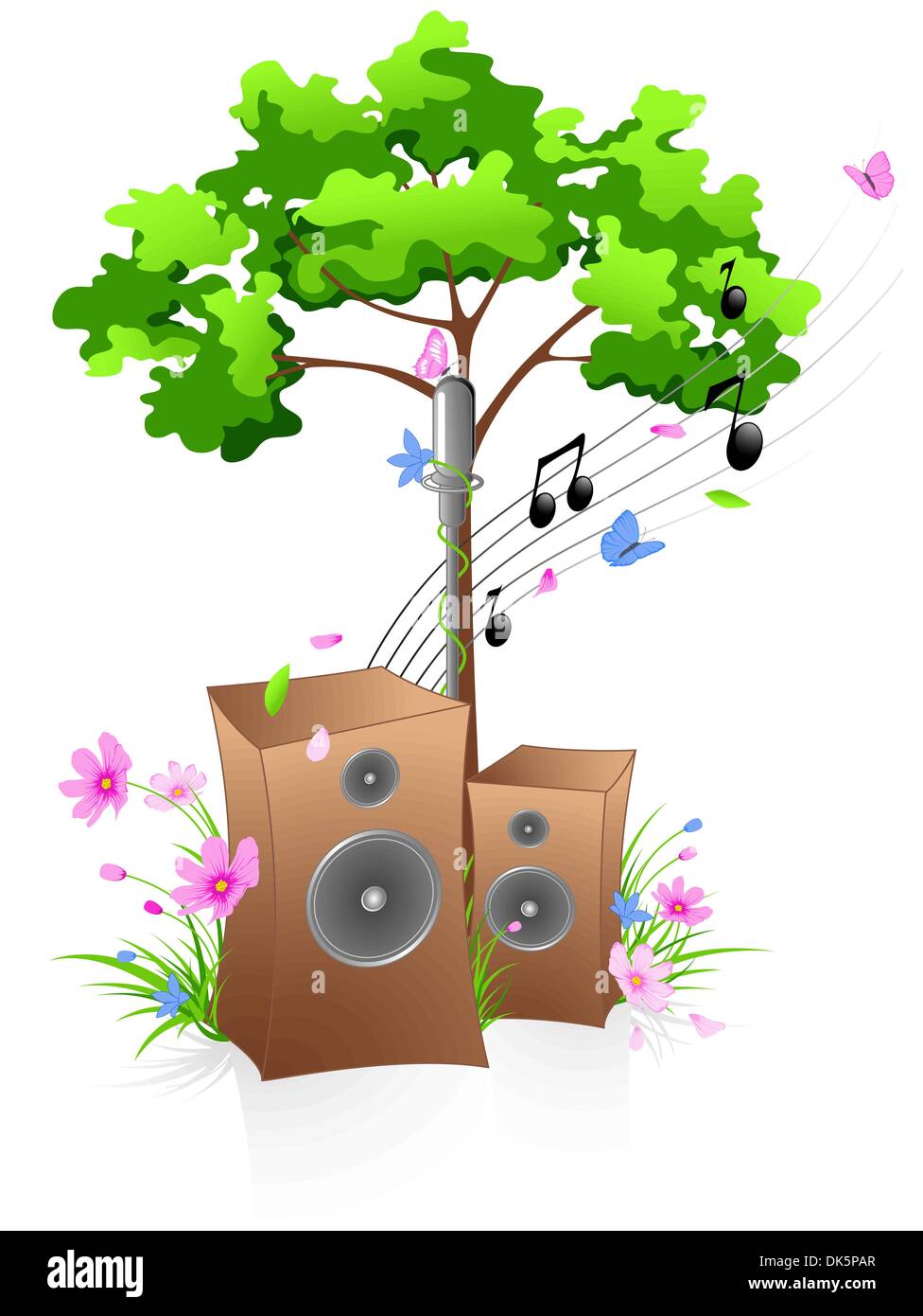 Music background with green tree, flowers and butterfly Stock Vector ...