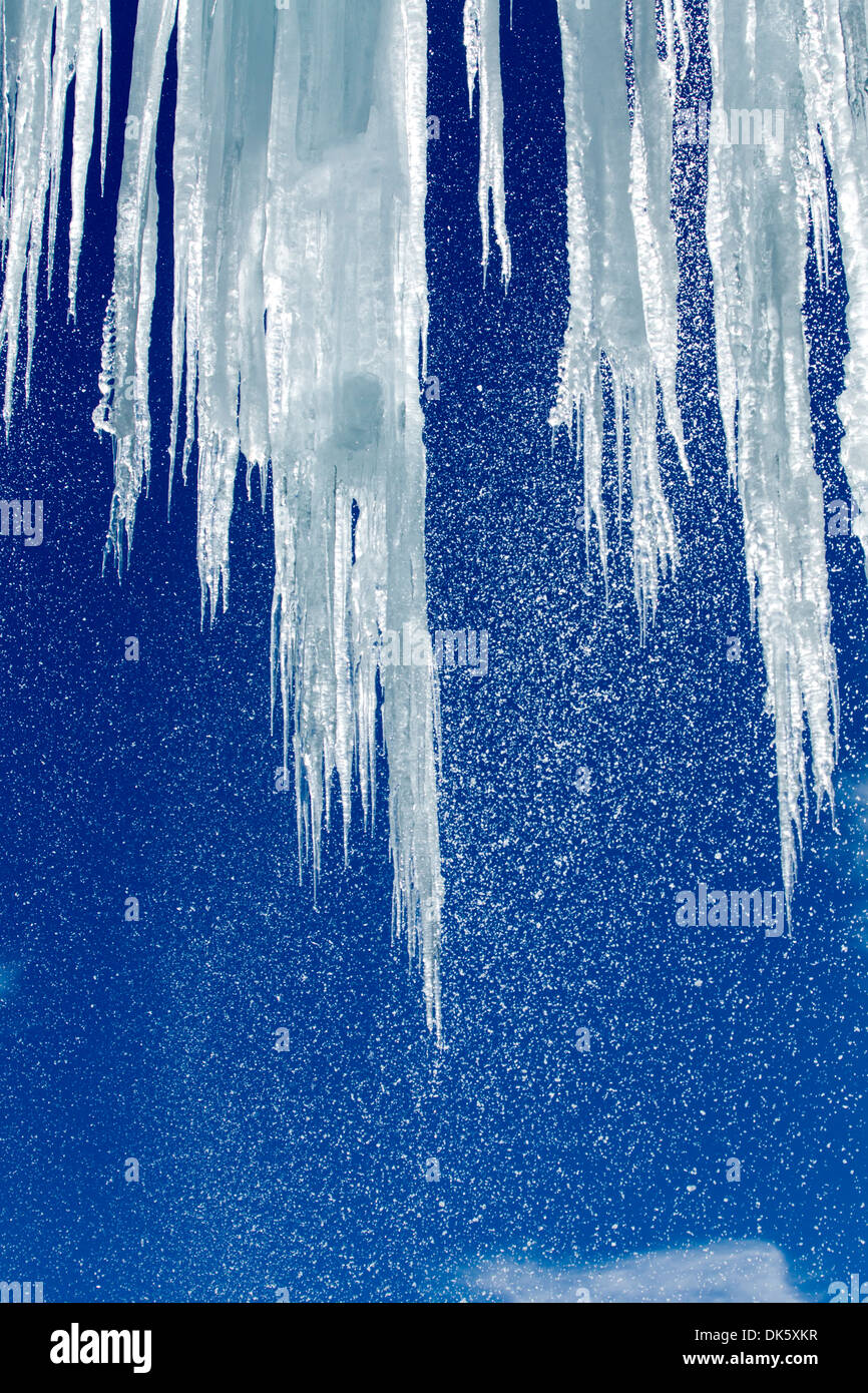 Antarctica, Snow falls behind melting icicles hanging from mouth of ice ...