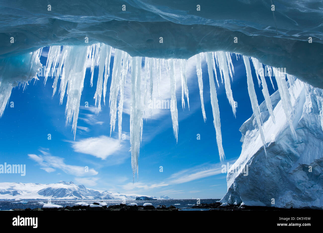 Antarctica, Icicles hanging from mouth of glacial ice cave by Gerlache ...
