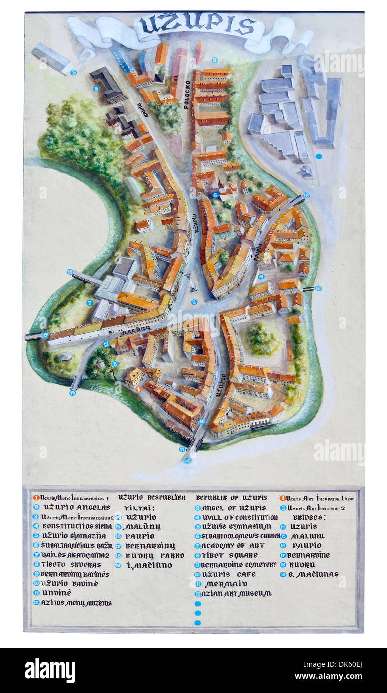 Street painted mural map of the historic Uzupis district of Vilnius ...