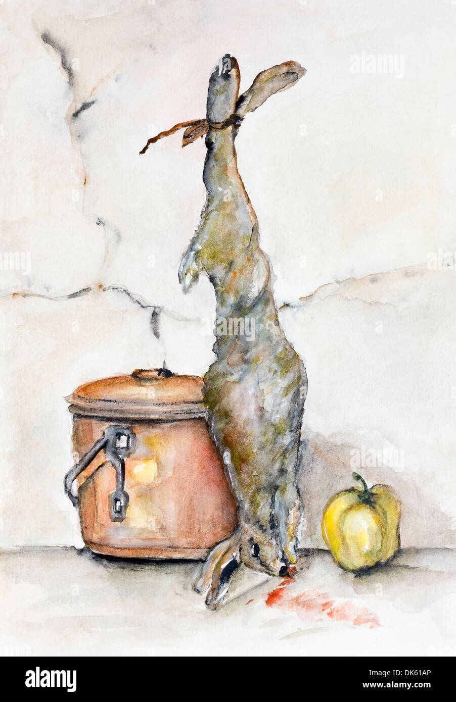Autumn successful hunt on hare still life. Watercolor handmade art ...