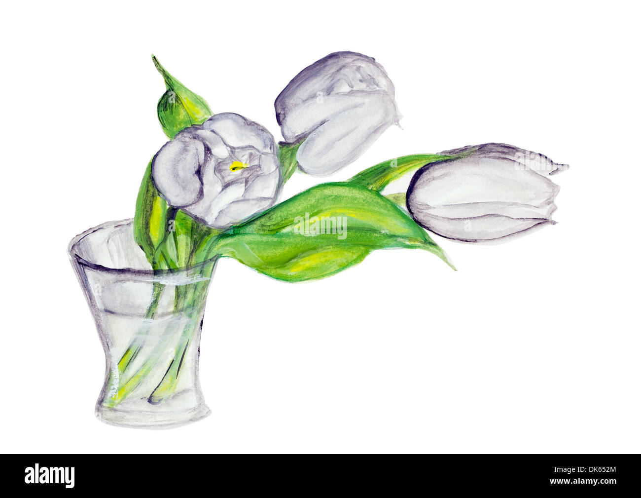 Deathly white tulips in a crystal vase- watercolor handmade painted ...