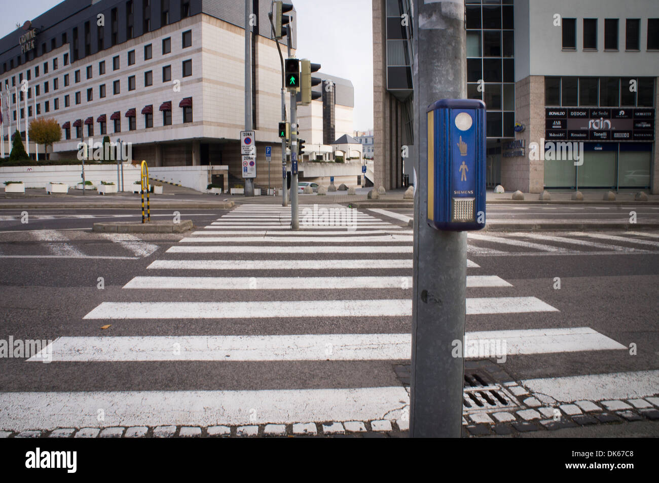 empty pedestrian crossing zebra, button, green man, light, go Stock ...
