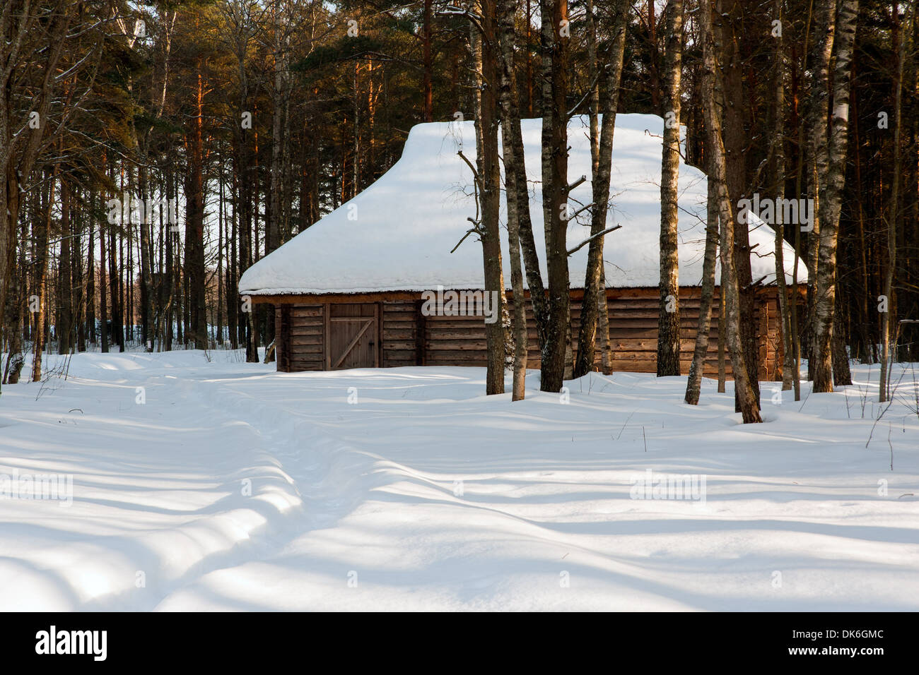 Old blockhouse with thatched roofs in winter in forest Stock Photo - Alamy