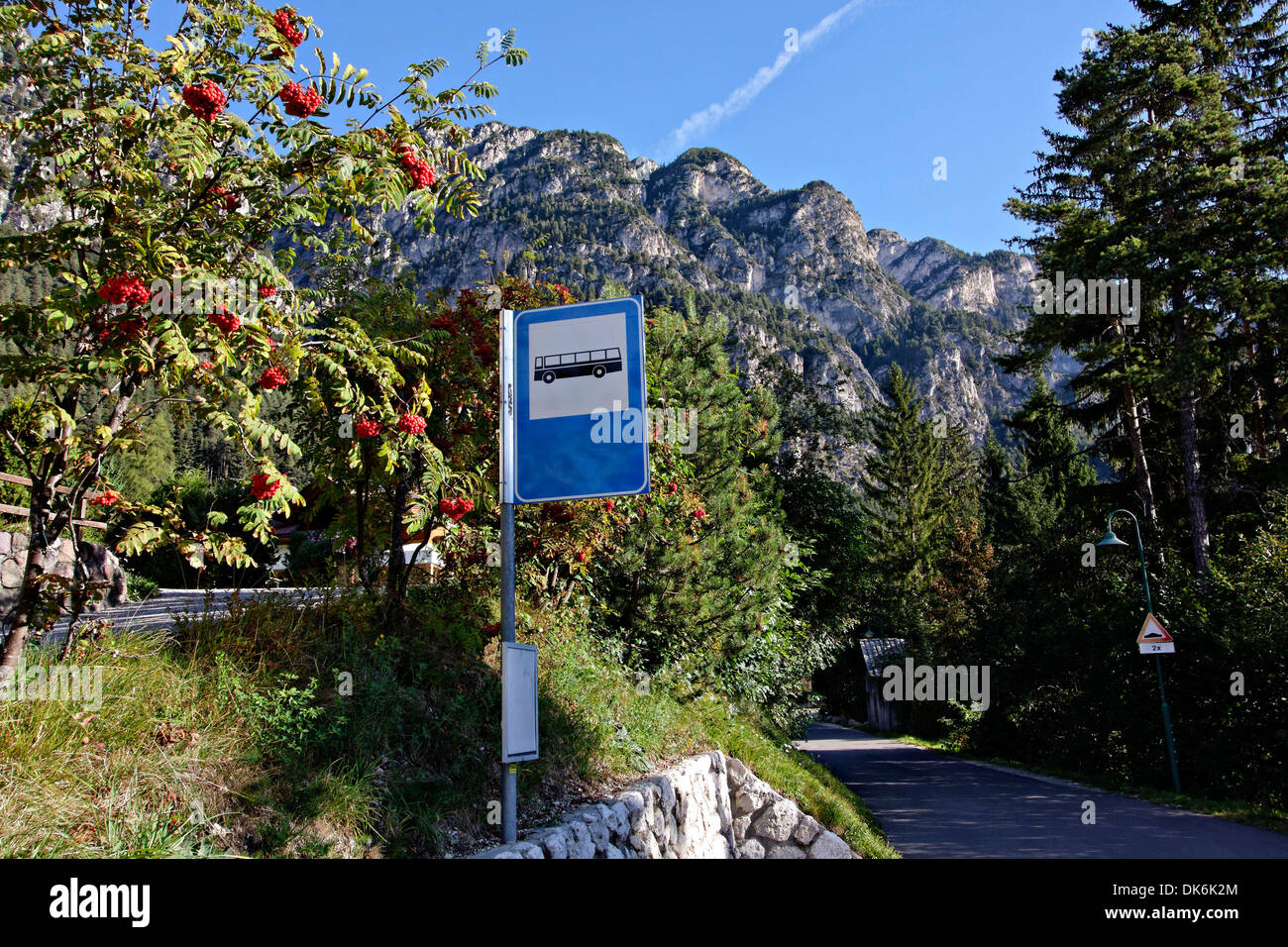 Bus stop sign in the Alps, Tiers,Tires, Alto Adige, South Tyrol, Italy ...