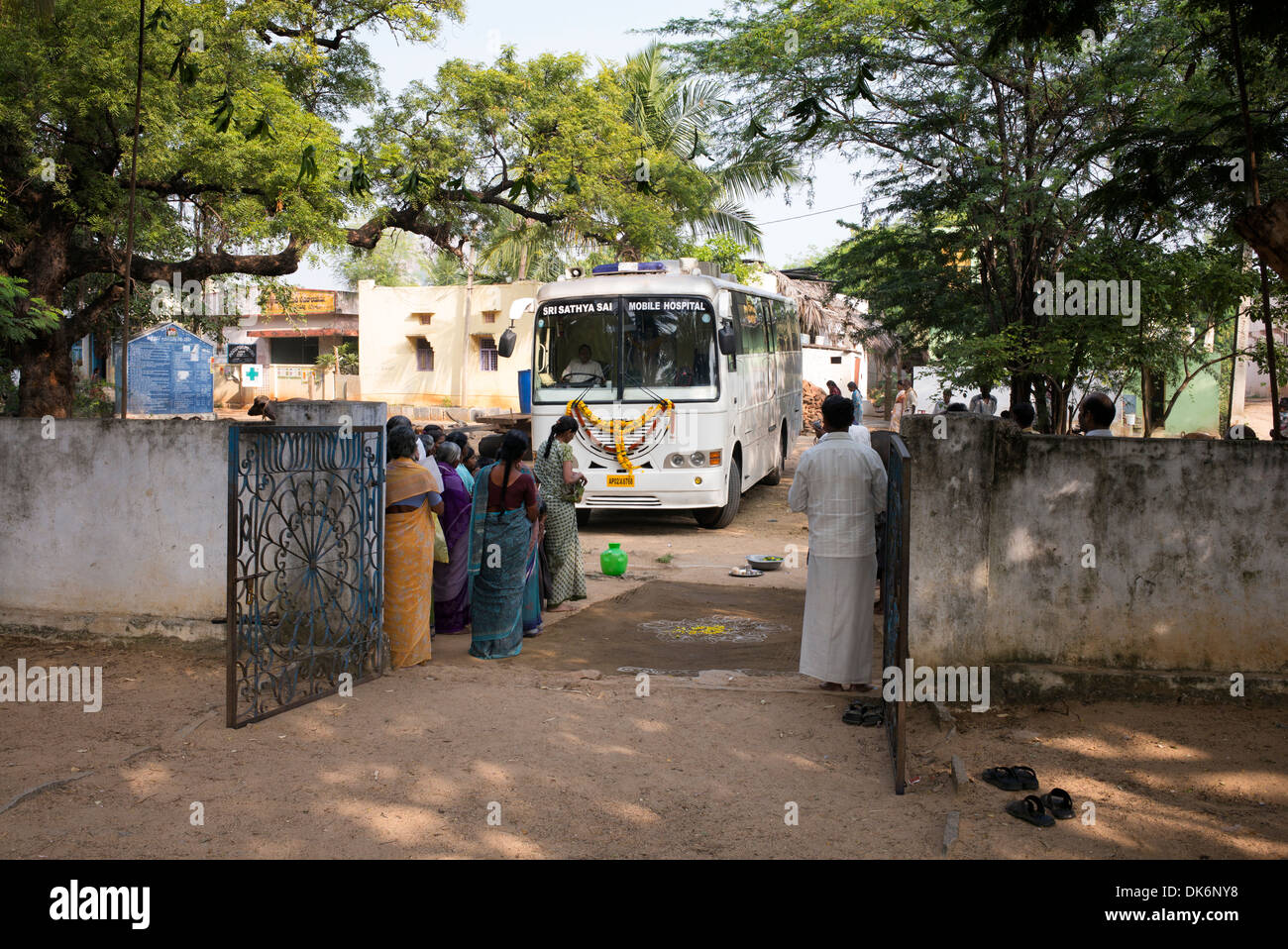 Sri Sathya Sai Baba mobile outreach hospital service clinic bus at a ...