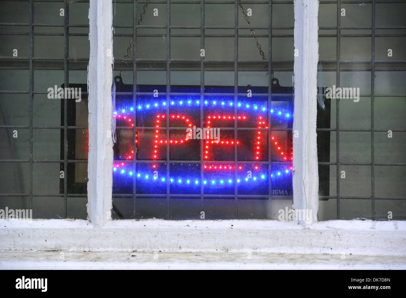 Open sign in shop window, UK Stock Photo - Alamy