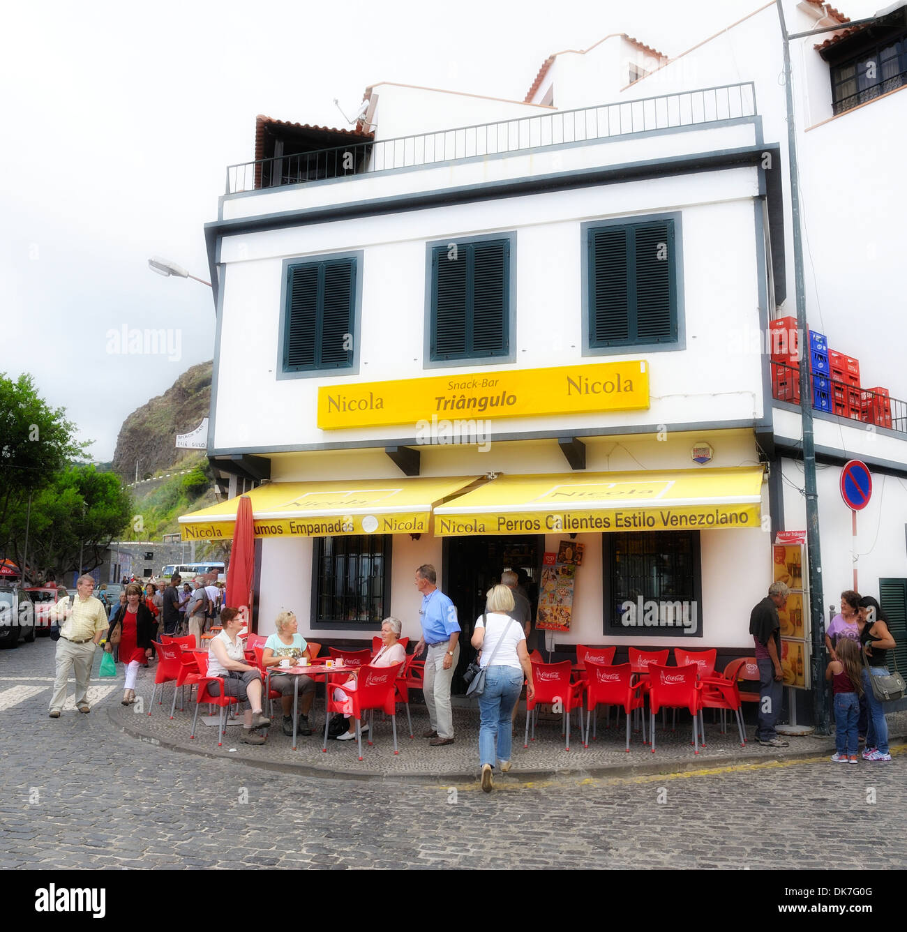 Madeira Portugal. The Snack bar triangulo, tourists sitting outside ...