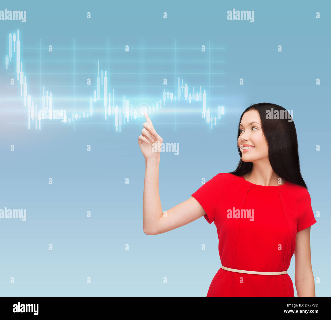 young woman in red dress pointing her finger Stock Photo - Alamy