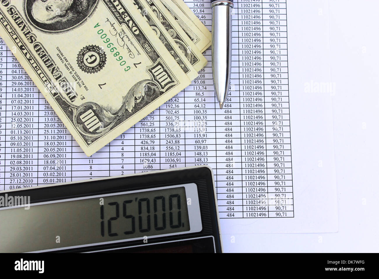 dollar bank notes, calculator, some tables and pen Stock Photo - Alamy