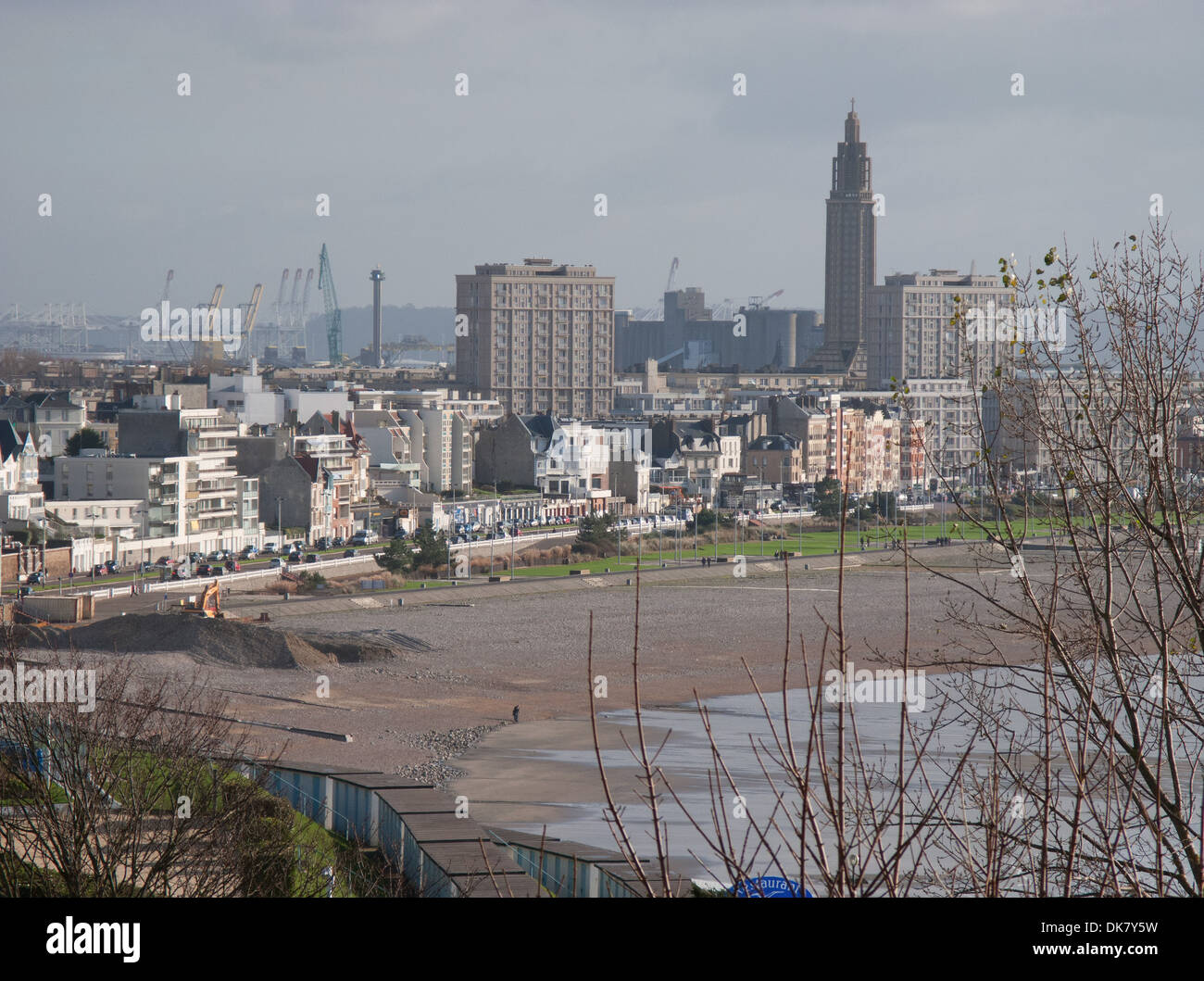 NORMANDY, FRANCE. A view of the beach and city of Le Havre, with Auguste Perret's post-war ...
