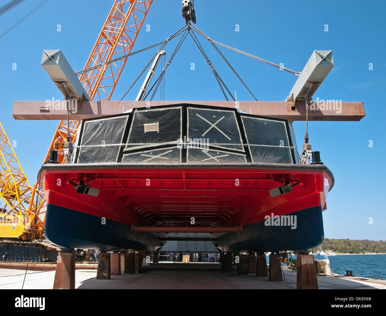 launching new catamaran with launching device - front view Stock Photo ...