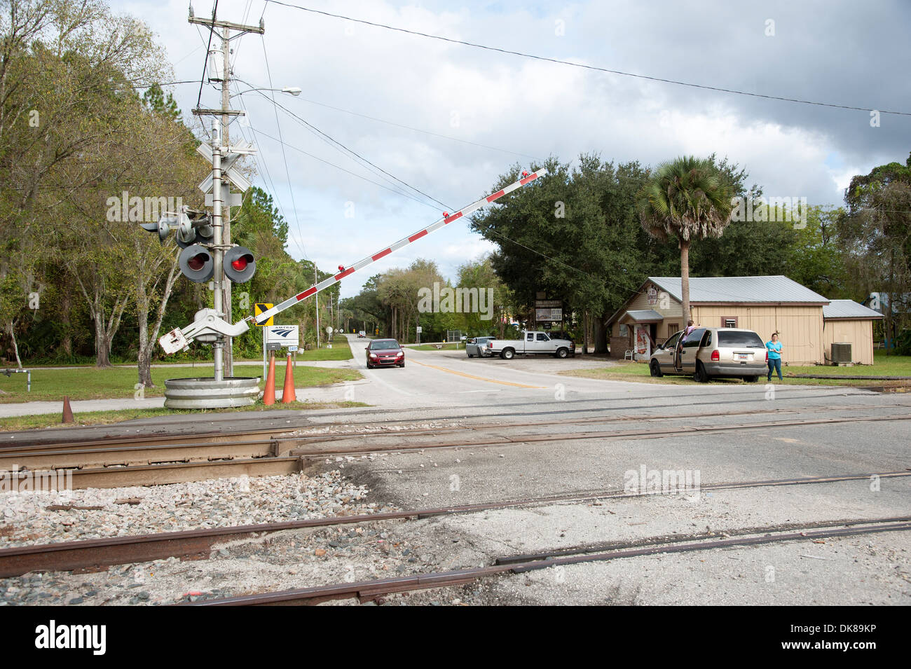Level crossing barrier in the closed position with train approaching ...
