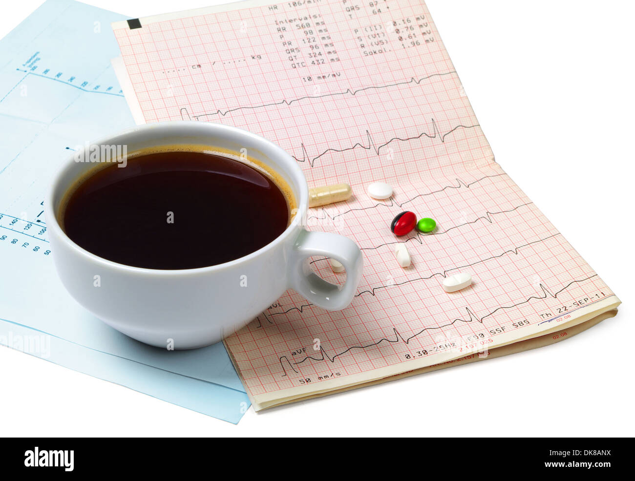 Cup of coffee, electrocardiogram and pills Stock Photo - Alamy