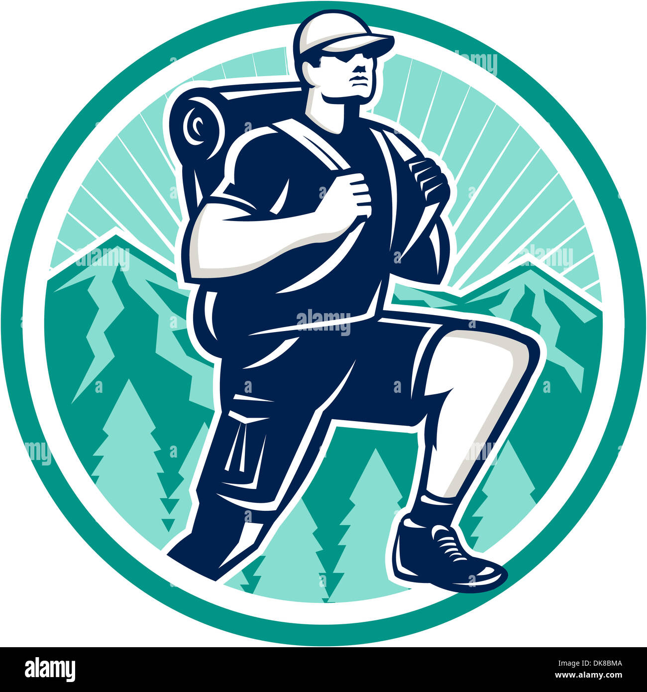 Illustration of a hiker hiking walking striding facing front with trees ...