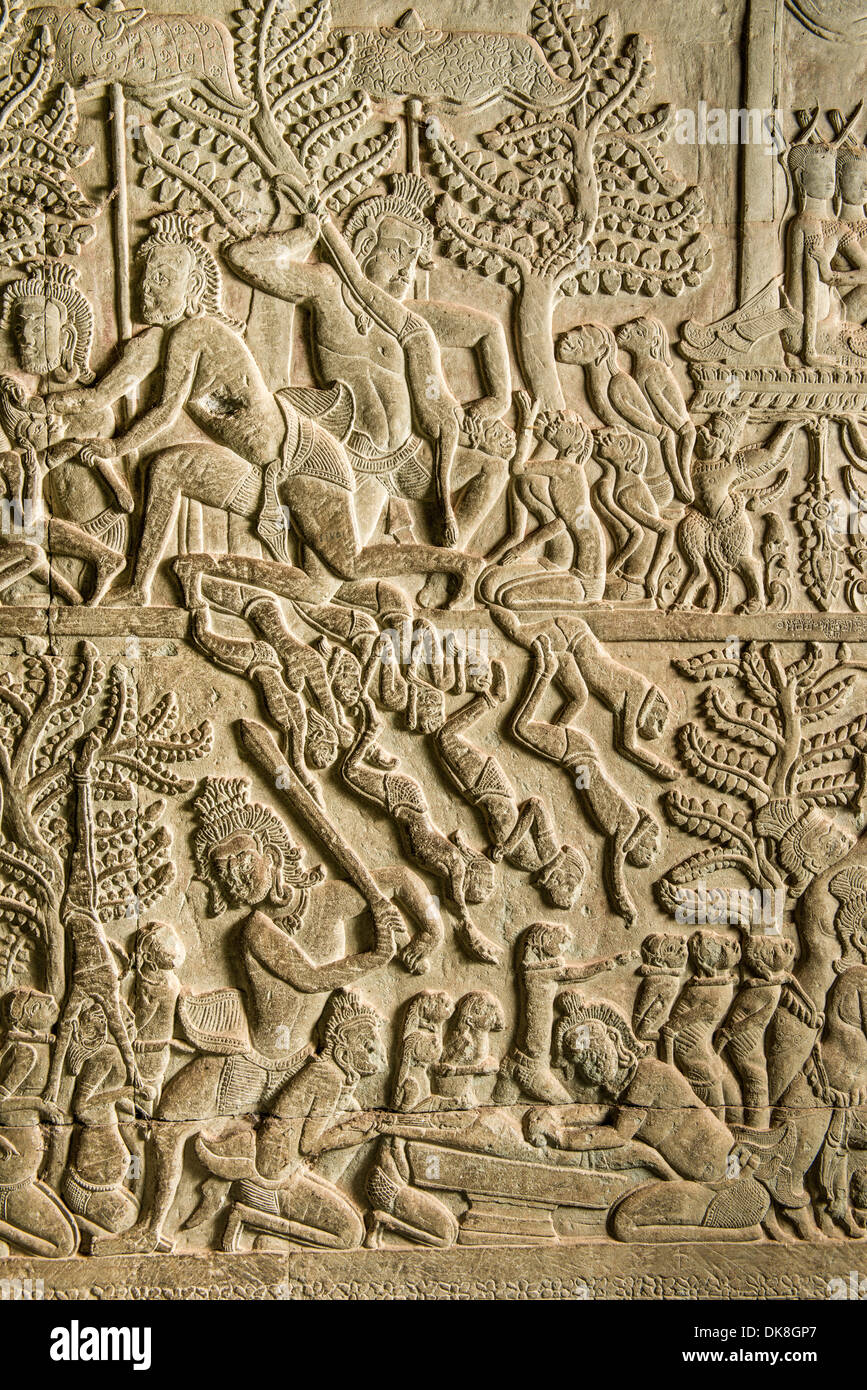 Hindu story carving in Angkor Wat gallery, Siem Reap, Cambodia Stock ...