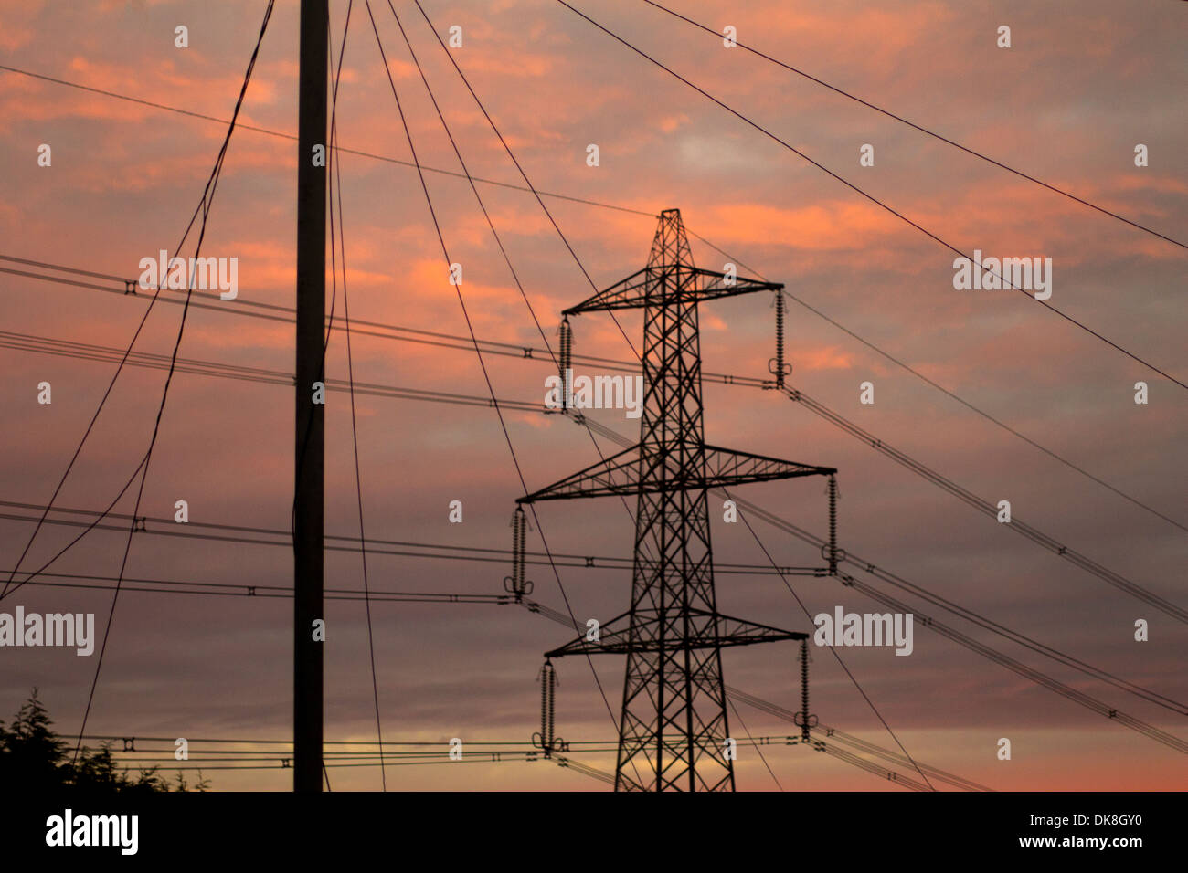 Pylon and electricity cables in sunset Stock Photo - Alamy