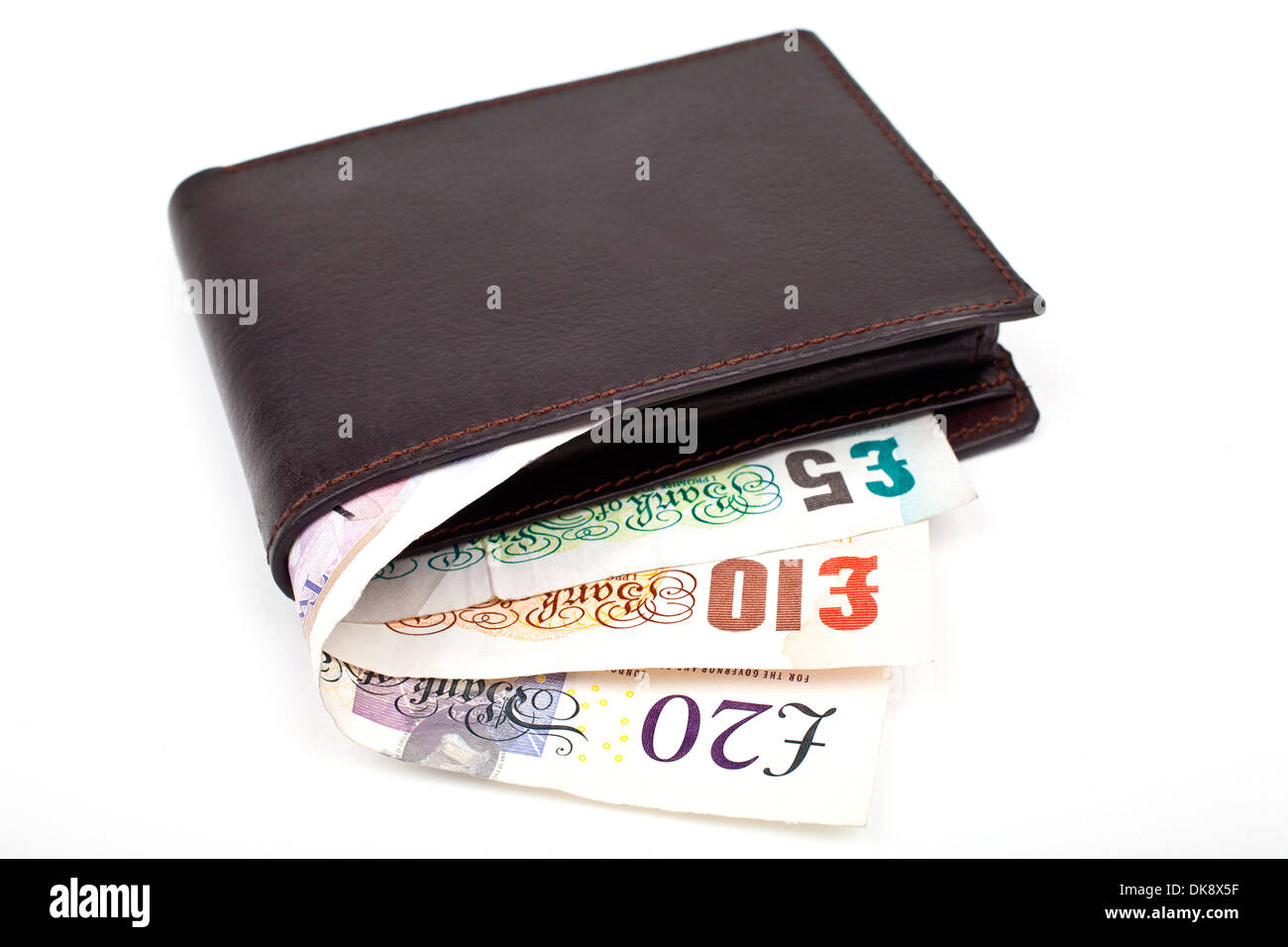 Three cash notes poking out of a wallet on a white background Stock ...