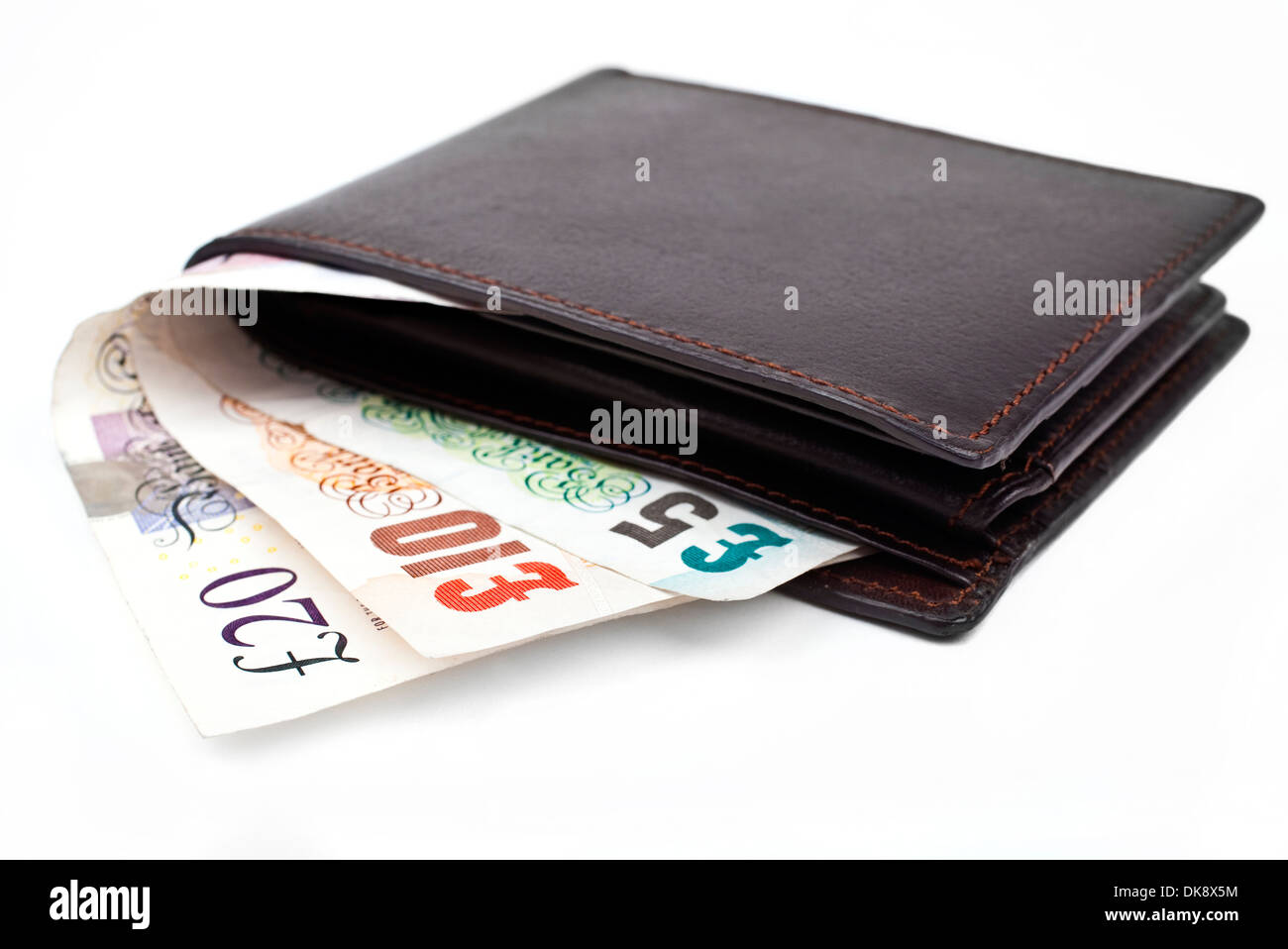 Three cash notes poking out of a wallet on a white background Stock ...