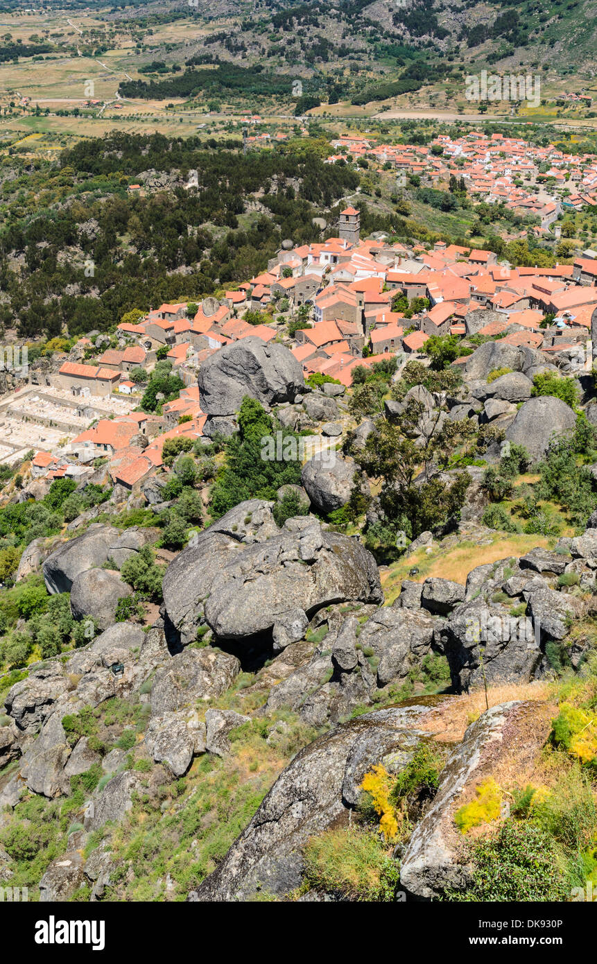 The red roofed medieval village of Monsanto with its large granite ...