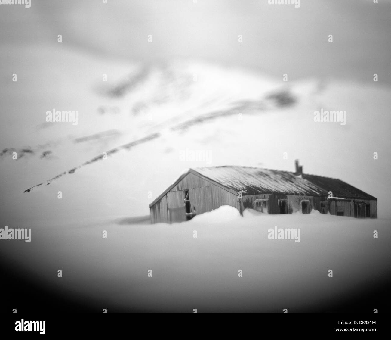 Antarctica, Deception Island, Blurred black and white image of ...