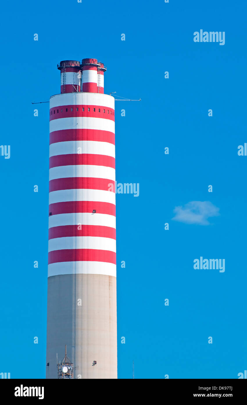 High striped red and white chimney stack of a power plant Stock Photo ...