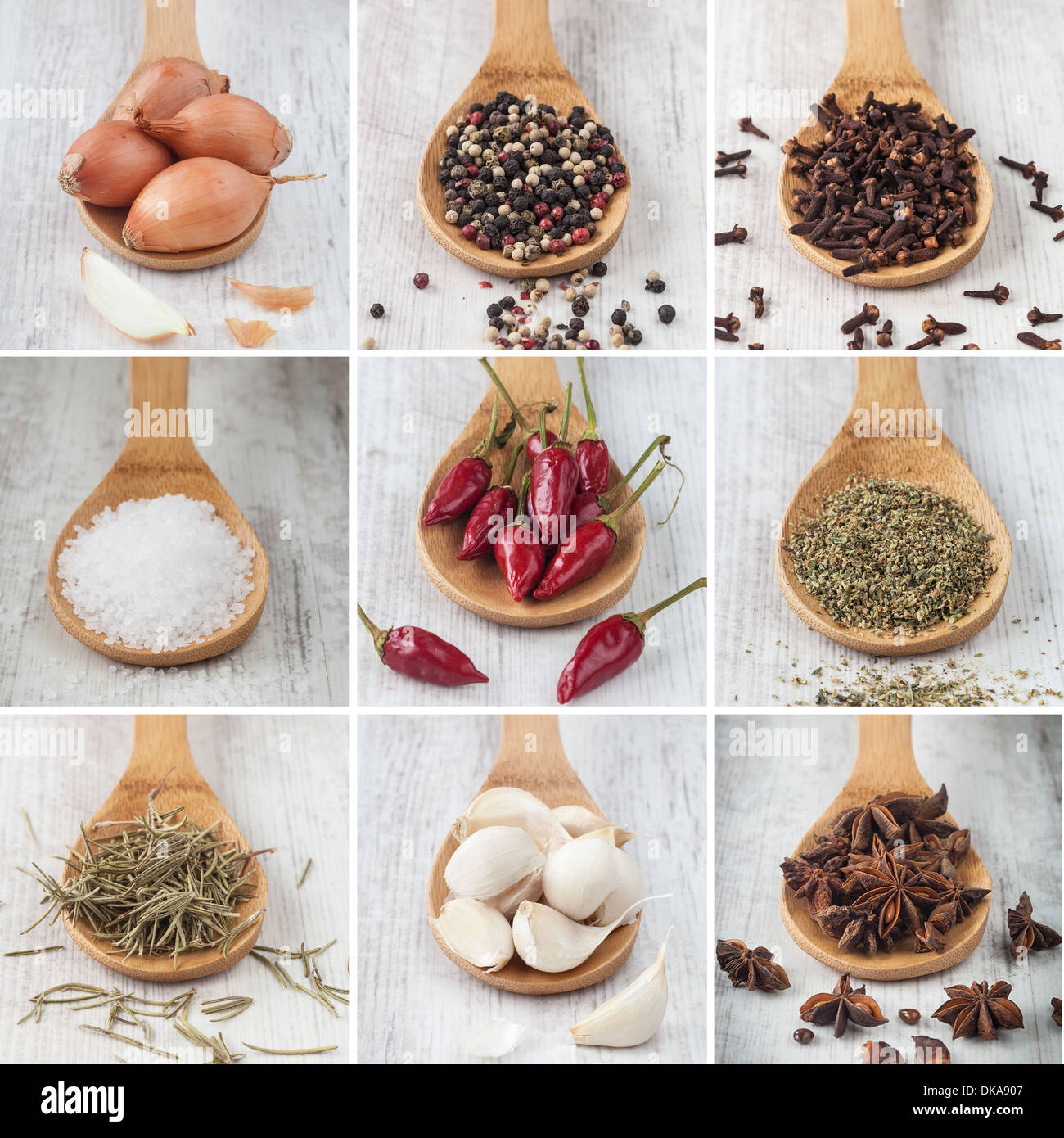 collage photo composition of different kind of raw spices Stock Photo ...