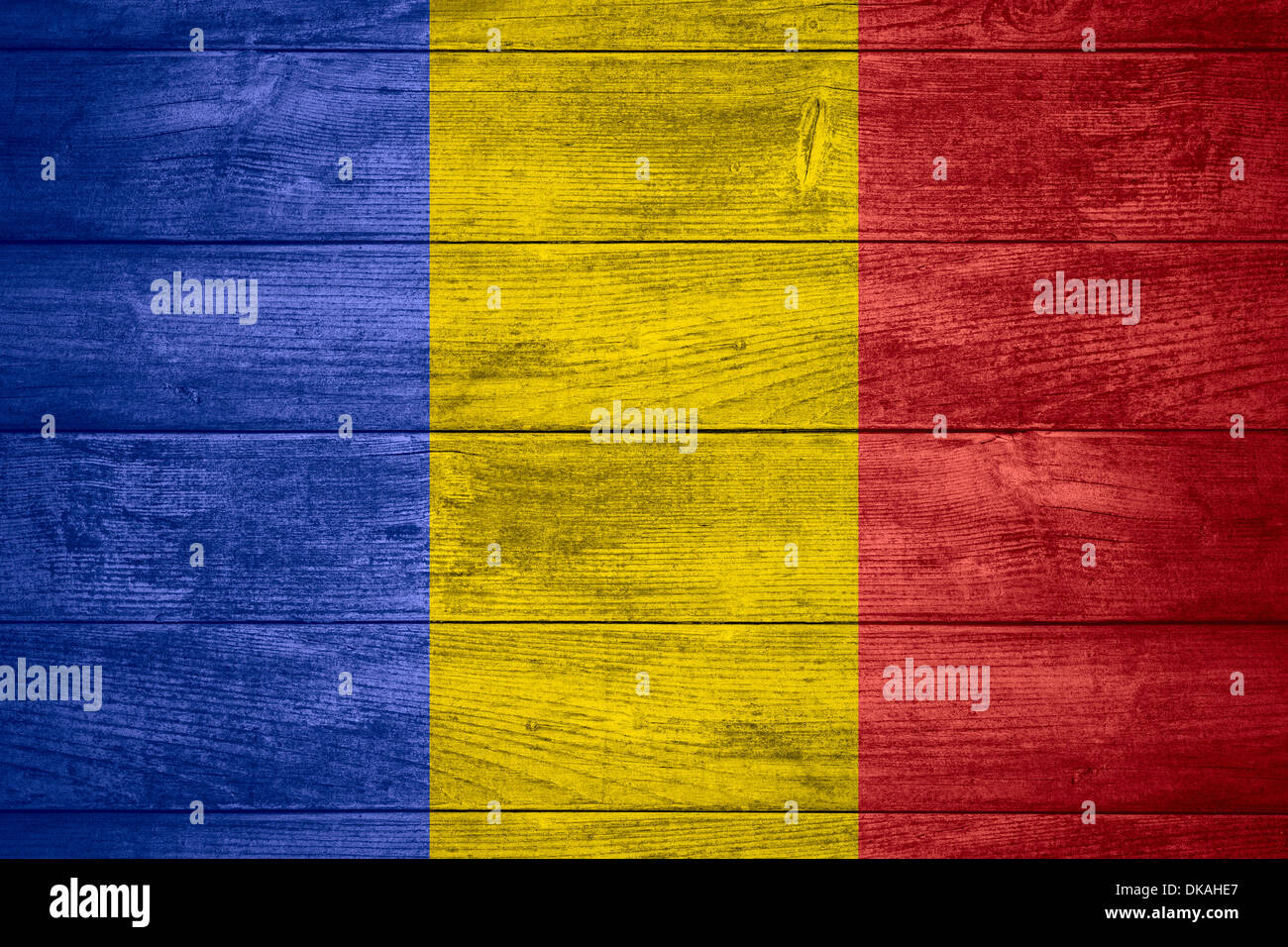 flag of Romania or Romanian banner on wooden background Stock Photo - Alamy