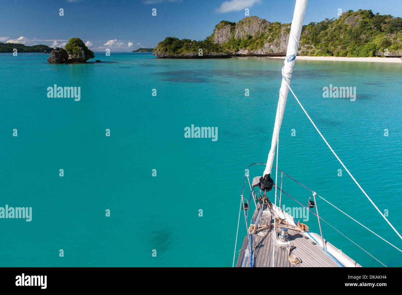 View from yacht's mast of Fulaga lagoon, Yanuyanukalo island and bow of ...