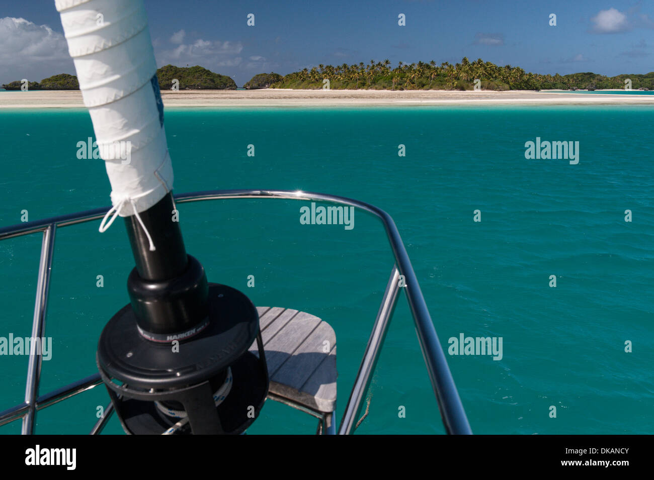 Fulaga lagoon seen from the bow of a yacht anchored to the west of the ...