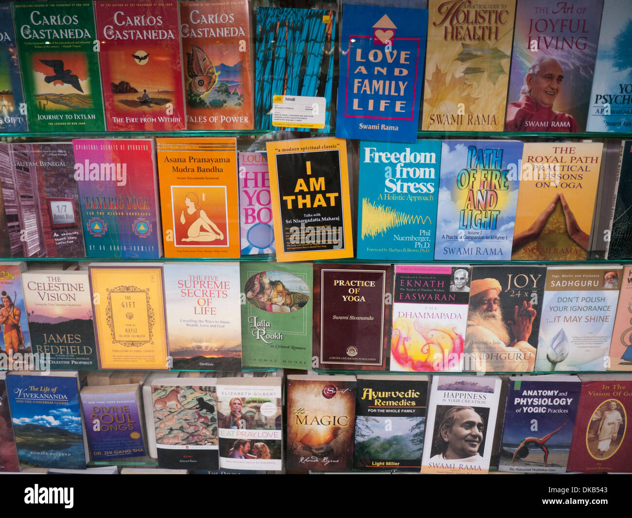A selection of spiritual books for sale in a shop window in Rishikesh ...