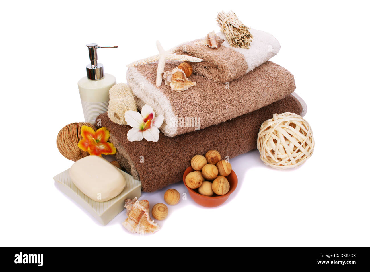 Towels and spa set isolated on white background Stock Photo - Alamy