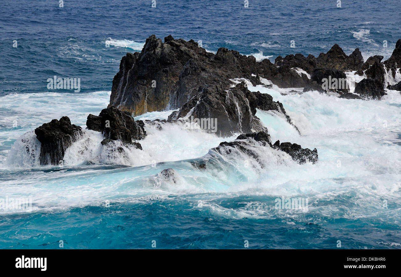 Madeira Portugal. The Atlantic ocean crashing waves over the rocky ...