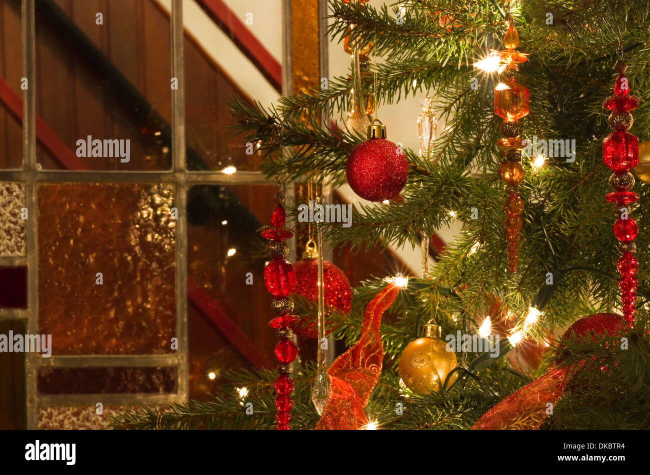 Decorated christmas tree and stained glass window - horizontal Stock ...