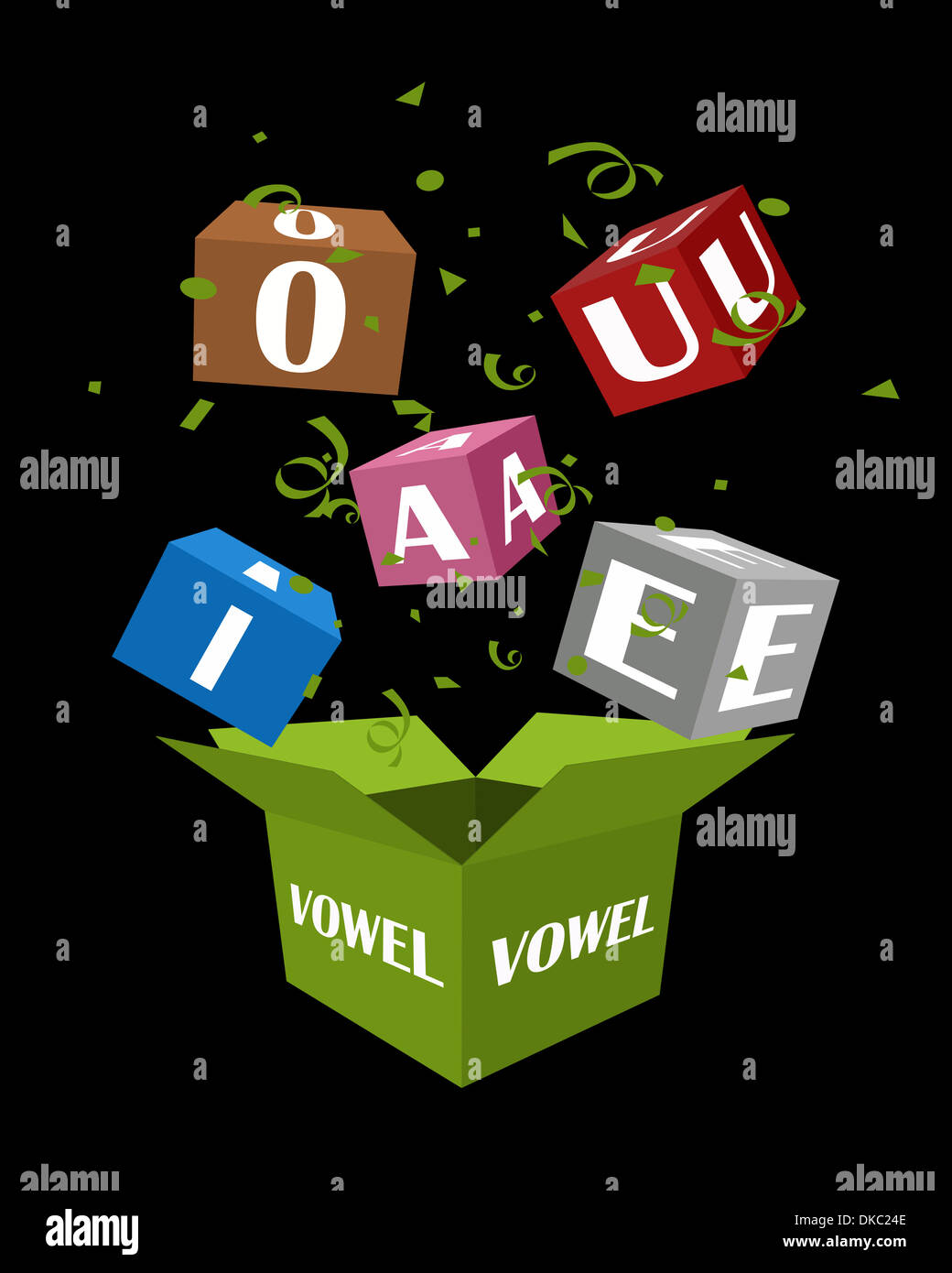 All five vowel to spread from box Stock Photo - Alamy